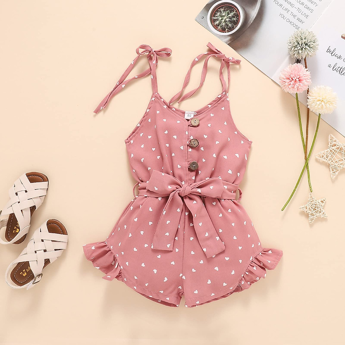 Tikoubabe Toddler Girl Clothes Baby Summer Cute Halter Romper V-Neck Outfits Love Heart Bow Knot Light Red 2T-3T 100CM