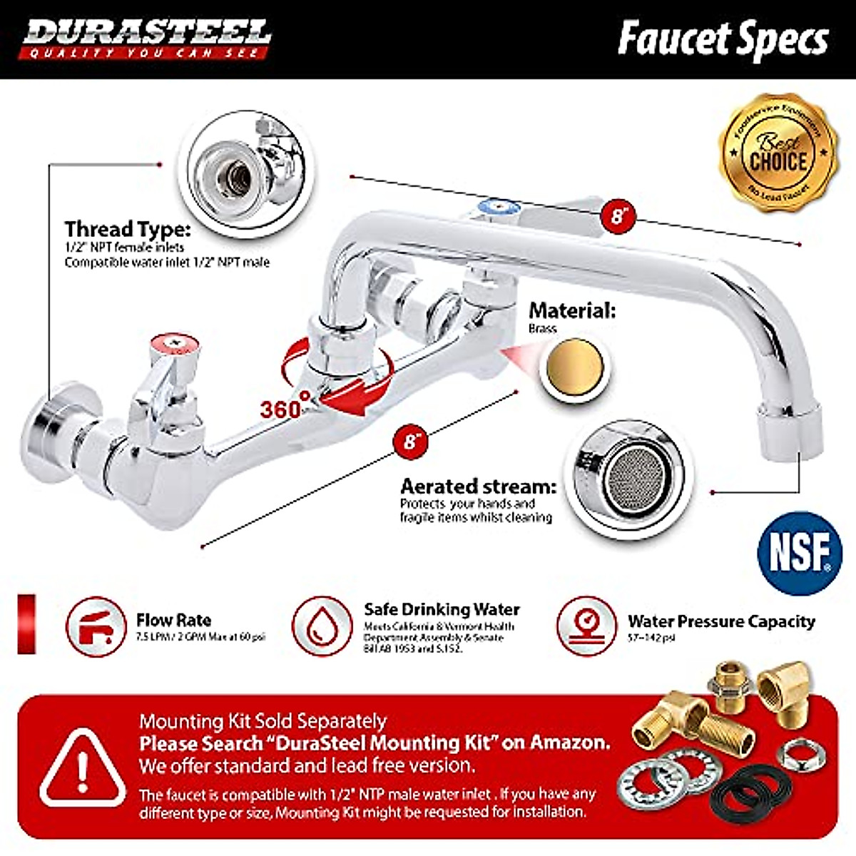 DuraSteel Small Commercial Slop Sink - 18" x 18" Inner Prep Sink - Single Bowl Stainless Steel Utility Sink with No Lead Faucet - CEC & NSF Certified - For Restaurant, Kitchen, Laundry, Garage