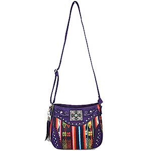 Native Conchos Studded Purse Women Rhinestone Crossbody Handbags Leather Tassel Country Adjustable Strap Single Shoulder Bag (Purple)