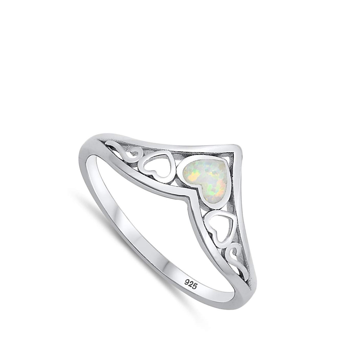 White Simulated Opal Cutout V Shape Statement Ring 925 Sterling Silver Band Size 10