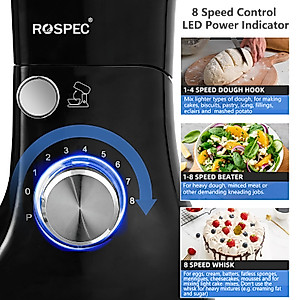 ROSPEC Stand Mixer,6.5-QT 660W 8-Speed Tilt-Head Food Mixer, Kitchen Electric Mixer with Dough Hook, Wire Whip & Beater (Black)