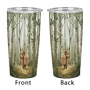 LLJEYOU Bear Hike Birch Forest Tumbler Insulated Stainless Steel Travel Tumbler Car Cup with Lid with Straw And Brush 590ml