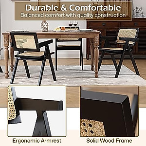 civama Rattan Dining Chairs Set of 2, Retro Woven Chairs for Dining Room Mid-Century Modern Armchairs, Breathable Rattan Back & Seat, Solid Wooden Frame, Kitchen Chairs for Home Restaurant, Black