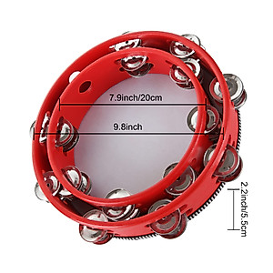 2 Pack Tambourine 8 & 10 Inch Tambourine Drum for Adults, Double Row Metal Jingle Bells Wood Handheld Tambourines Musical Percussion Instrument for Party, KTV, Church, Red