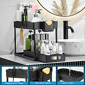 Under Sink Organizer, 2-Tier Sliding Under Sink Organizers and Storage Black, Multi-purpose Under Cabinet Storage for Kitchen Bathroom with Hooks, Hanging Cup, 2 pack