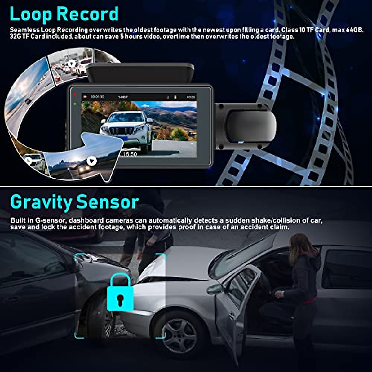 Dash Cam Front and Rear, Dash Camera for Cars 1080P Full HD Dual Dashboard Camera Recorder 3" IPS Screen in Car Camera Night Vision,Motion Detection Parking Monitor G-Sensor+ 32G SD Card