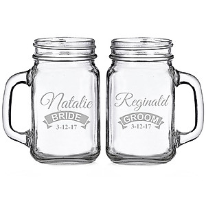 Bride and Groom Rustic Banner Personalized Glass Mason Mugs (set of 2)