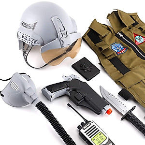 Liberty Imports Fighter Jet Pilot Kids Boy Costume Deluxe Dress Up, Air Force Military Role Play Set with Helmet, Toy Gun, Weapons, Accessories (9 Pcs)