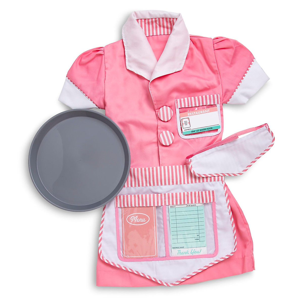 Melissa & Doug Waitress Role Play Costume Set (7 pcs) - Includes Apron, Order Pad, Cap Pink 3-6 years