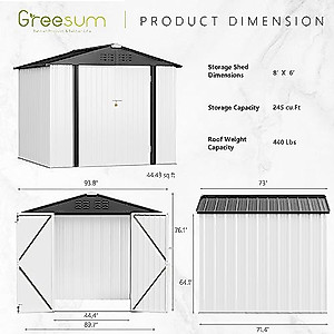 Greesum Metal Outdoor Storage Shed 8FT x 6FT, Steel Utility Tool Shed Storage House with Door & Lock, Metal Sheds Outdoor Storage for Backyard Garden Patio Lawn, White