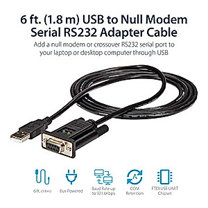 StarTech.com USB to Serial RS232 Adapter - DB9 Serial DCE Adapter Cable with FTDI – Null Modem - USB 1.1 / 2.0 – Bus-Powered (ICUSB232FTN)