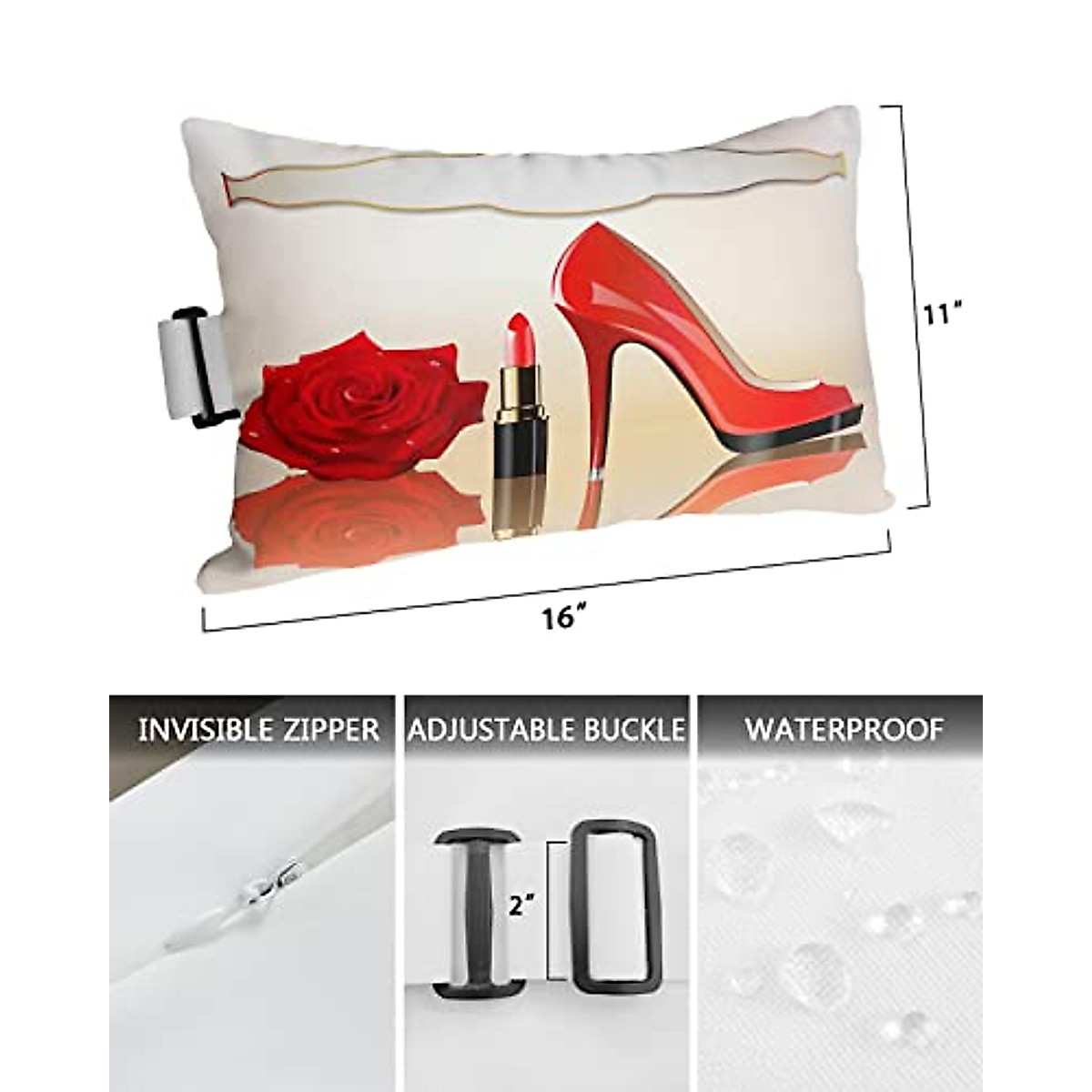 Chaise Lounge Head Resting Pillows Sexy Red Rose High Heels and Lipstick Outdoor Lumbar Pillows Waterproof Patio Furniture Pillow with Insert Adjustable Elastic Stripe for Recliner Beach Chairs