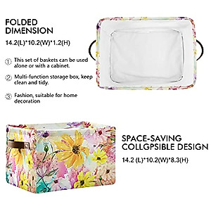 Kigai Colorful Flowers Storage Basket with Handles Collapsible Storage Bins Canvas Fabric Storage Organizer for Shelves Closet Bedroom Living Room 2Pack