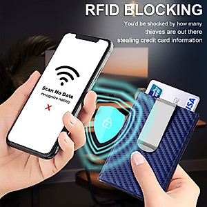 SLUKULU Slim Wallet for Men with Money Clip and Credit Card Holder, RFID Blocking Carbon Fiber Wallet,Minimalist Pop-Up Metal Front Pocket Wallet.(Blue)