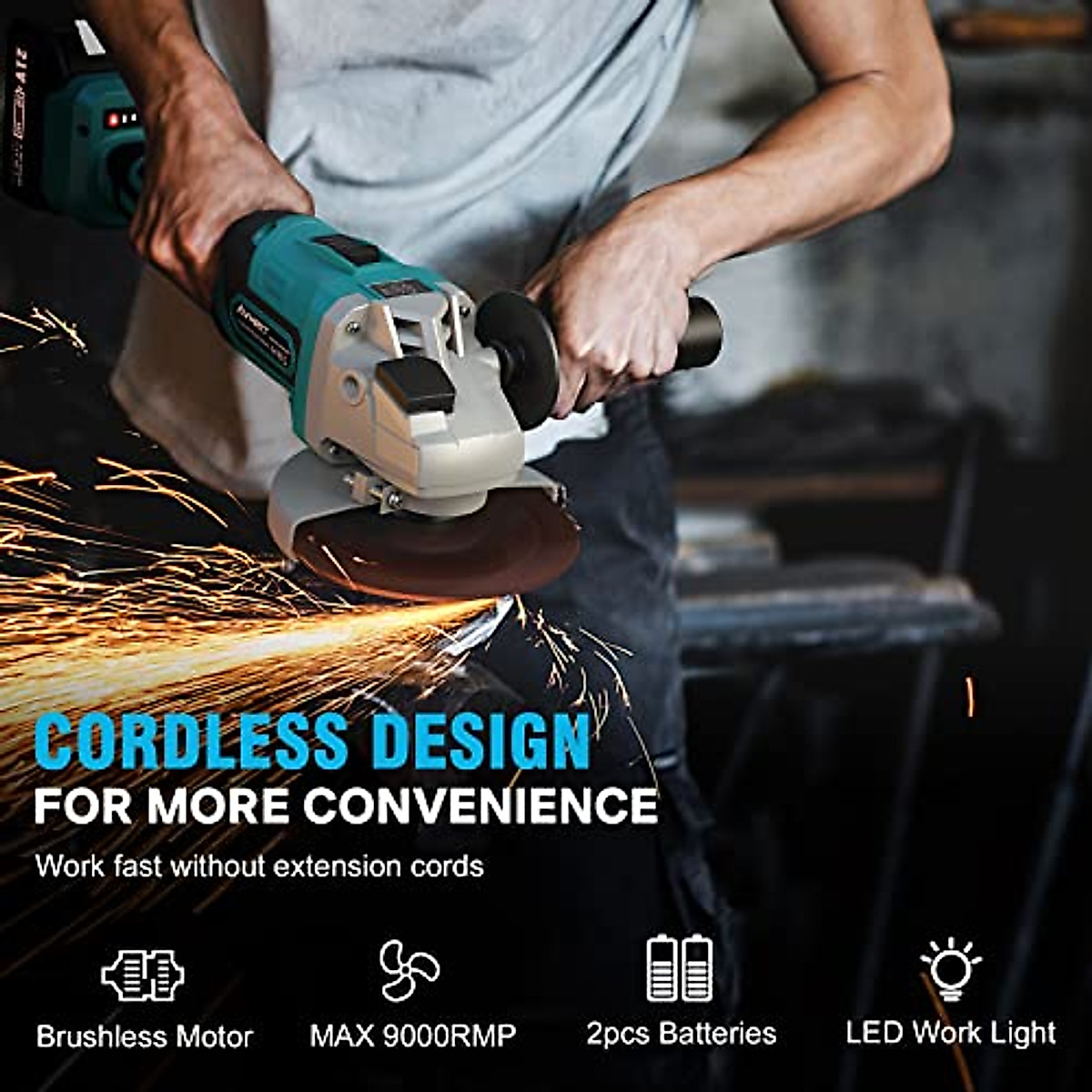 Cordless Angle Grinder, 21V Power Angle Grinder Tools with 2PCS 4.0Ah Batteries & Fast Charger,9000RPM Brushless Motor Metal Grinder, 4-1/2'' Cutting Wheels, Flap Disc for Cutting, Polishing