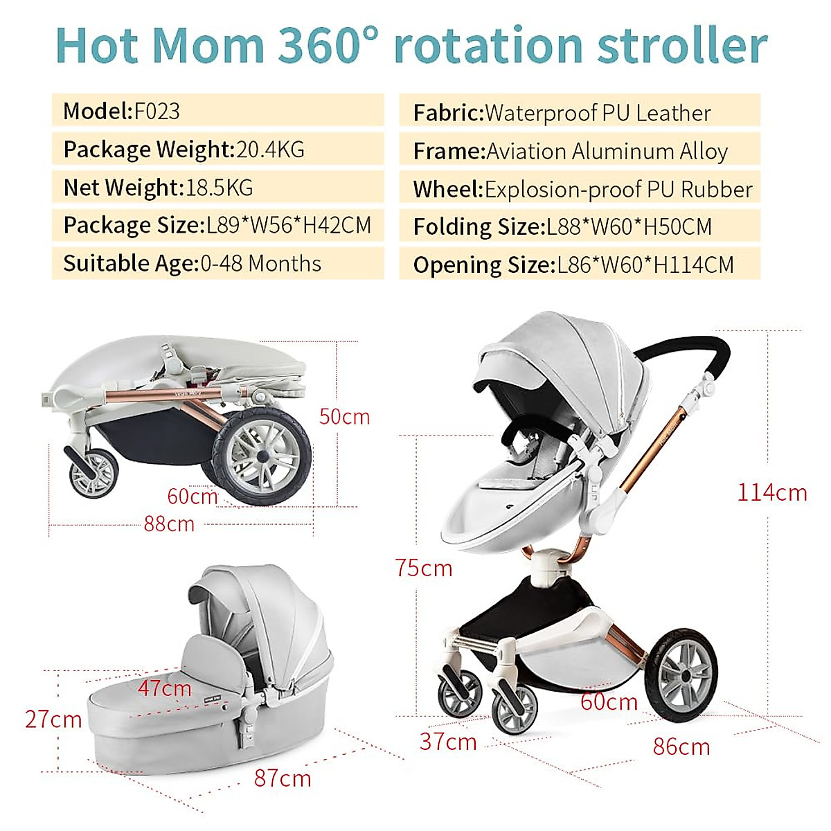 Hot Mom Baby Stroller 360 Rotation Function,Hot Mom Baby Carriage Pu Leather Pushchair Pram,F23 (Grey)