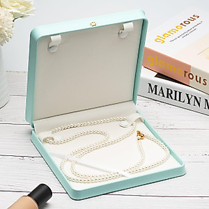 COWFEX Long Pearl Chain PU Necklace Gift Box Display Case Storage Holder (Blue)