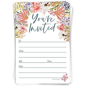 Wildflower Invitations With Envelopes (20 Count) - Floral Boho Garden Theme For Bridal Shower, 1st Birthday, Adult Birthday, Brunch or Baby Shower