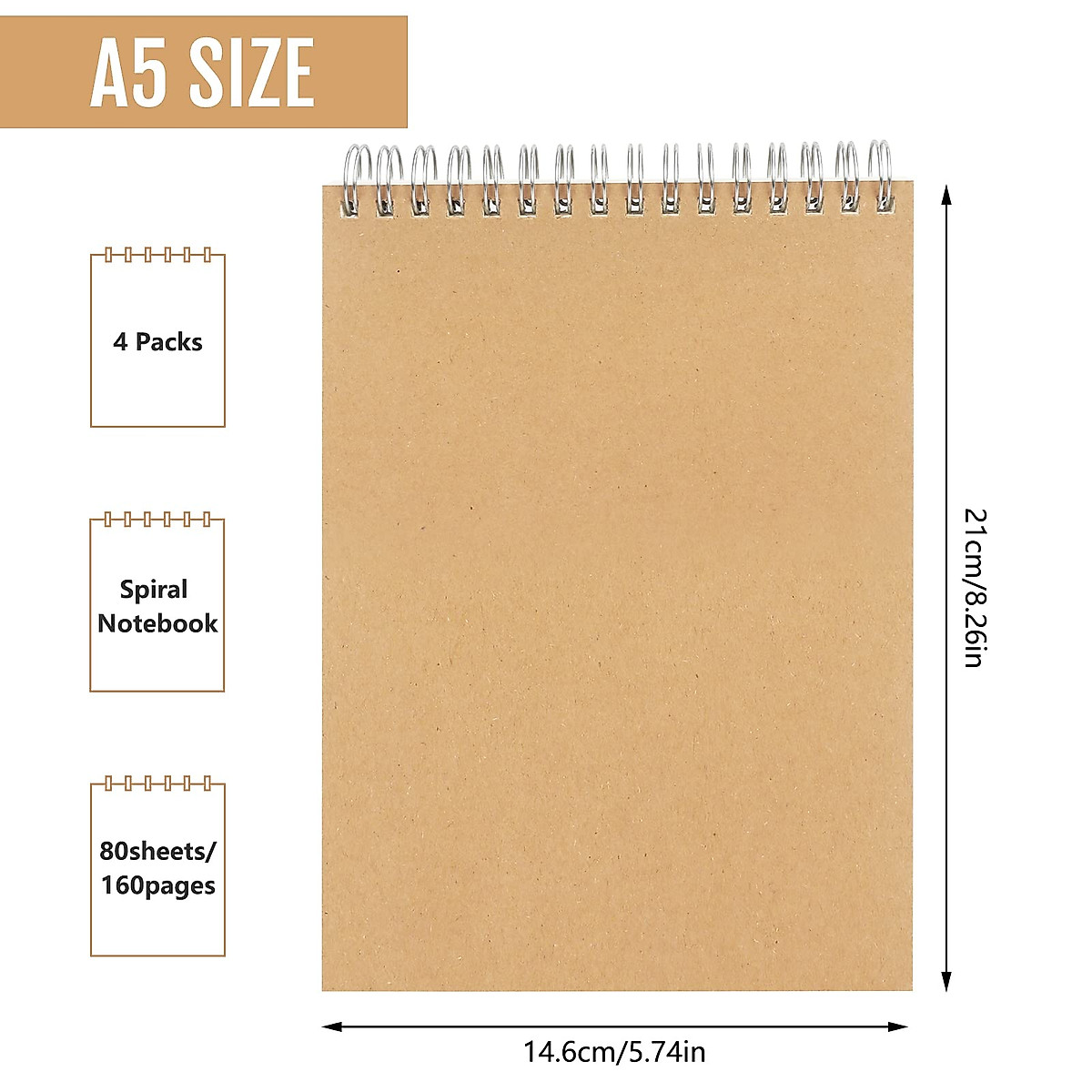 Songaa Spiral Notebook A5 4 Pack - Top Bound Hardcover Spiral Notebook Ruled Lined Journal Notebook Bulk, Kraft Paper Cover College Ruled Spiral Bound Notebook for Student Office School Supplies