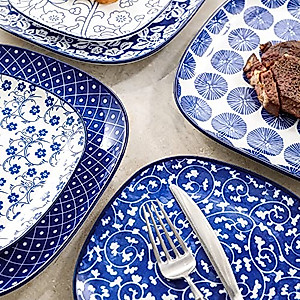 Selamica Porcelain Square Dessert Salad Pasta Plates 7.6 inches ceramic plates set of 6 microwave/dishwasher/oven safe, Vintage Blue