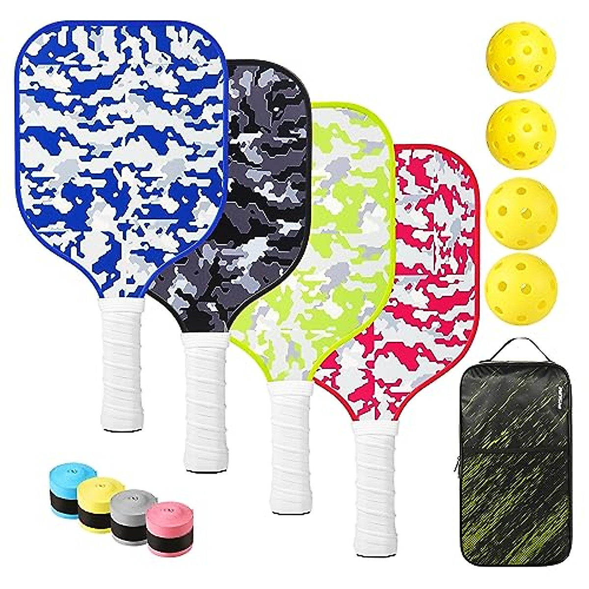 INSUM Camouflage Graphite Fiberglass Pickleball Paddles - Set of 4 Lightweight Paddles,4 Pickleball Balls,4 Overgrips with Cover Bag Pickleball Multiple Colors for Beginner