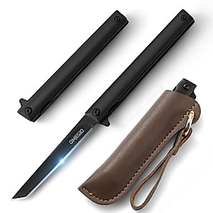 Omesio Slim Pocket Folding Knife, Tanto Folding Knife with Clip and Sheath, EDC Gentleman's Knife with Liner Lock, Flipper Open for Outdoor Camping and Survival, as Gifts for Men Women, Black