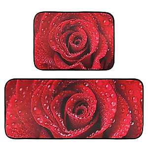 Kigai [2 PCS Red Roses Anti Fatigue Mats for Kitchen Floor Non-Slip Waterpoof Kitchen Rugs Soft and Cushioned Kitchen Mats for Standing, Floor, Office, Laundry, Sink