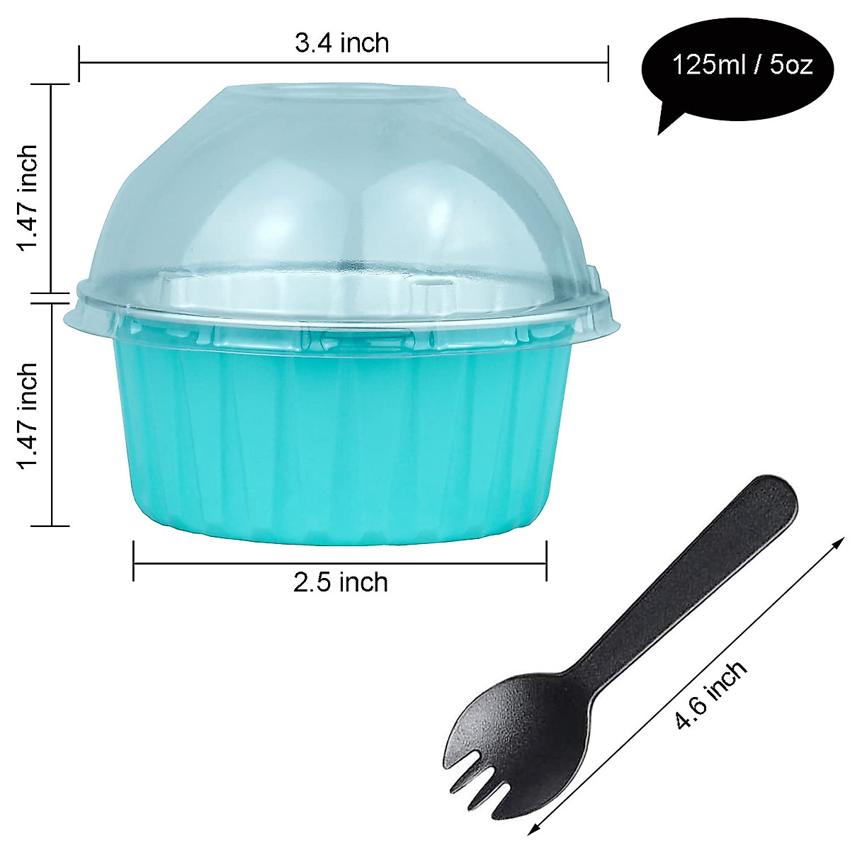 ALLRI Cupcake Liners with Dome Lids, Foil Dessert Ramekins 5oz Baking Cups Aluminum Foil, Muffin for Blue Lids Ramekin Containers Holders