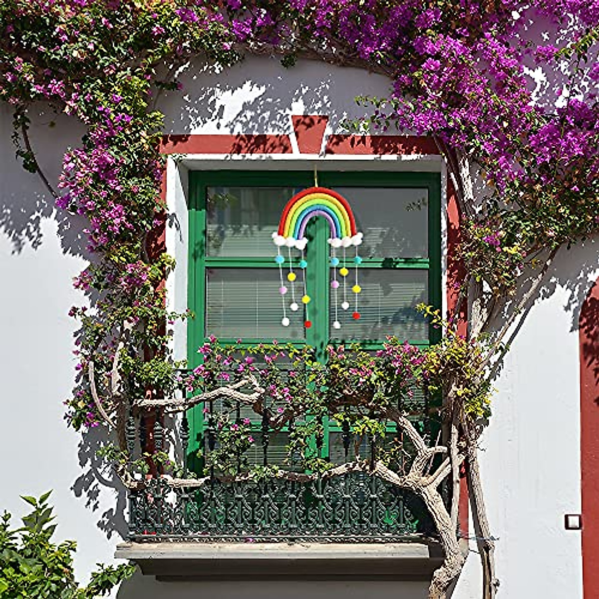 Rainbow Hanging Decoration, Macrame Tapestry Wall Hanging with Felt Ball, Handmade Braided Cords Pom-Pom,Mobile,Children’s Room Bedroom Nursery Decor-Red
