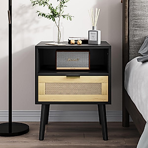 Smuxee Black Rattan Nightstand with Drawer, Boho Large Bedside Table with Open Shelf, Side Table for Bedroom, Study Room