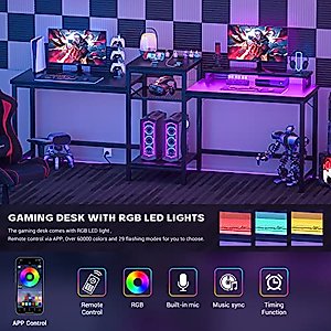 Unikito 2 Person Computer Desk with LED Light and Power Outlet, Double Gaming Desk, Large Workstation with Storage and Printer Stand, Long Desk, Office Work Desk with Shelf, Writing Study Table, Black