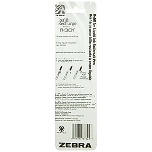 Zebra R-301 Stainless Steel Rollerball Pen Refill, Blue Ink, 2-Count