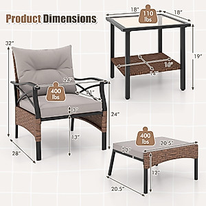 HAPPYGRILL 5 Pieces Patio Conversation Set, Outdoor Wicker Furniture Set with Armchairs, 2-Tier Coffee Table, 2 Ottomans and Cushions, Rattan Outdoor Chair Set for Backyard, Front Porch, Poolside