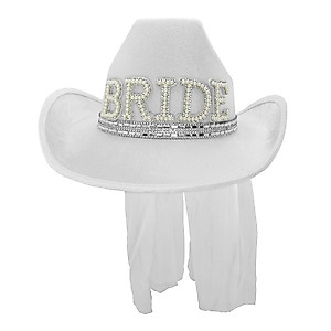 Nicky Bigs Novelties Cowboy Hat and Veil Bachelorette Party White Cowgirl Hat Bridal Shower Wedding Decoration Bride to be Gift Country-Western Novelty