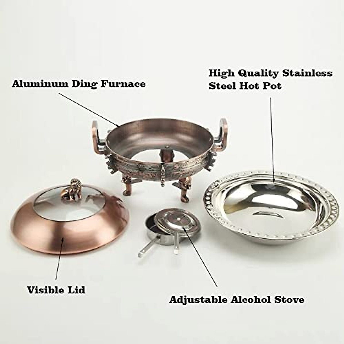 Retro Hot Pot Shabu Shabu Pot 1.3L Small Hotpot with Alcohol Stove - Single Person Soup Boiler Food Warmer Chafing Dish Set, Fuel not Included/Red Copper