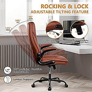 Guessky Office Chair, Executive Office Chair Big and Tall Office Chair Ergonomic Leather Chair with Adjustable Flip-Up Arms High Back Home Office Desk Chairs Computer Chair with Lumbar Support (Brown)