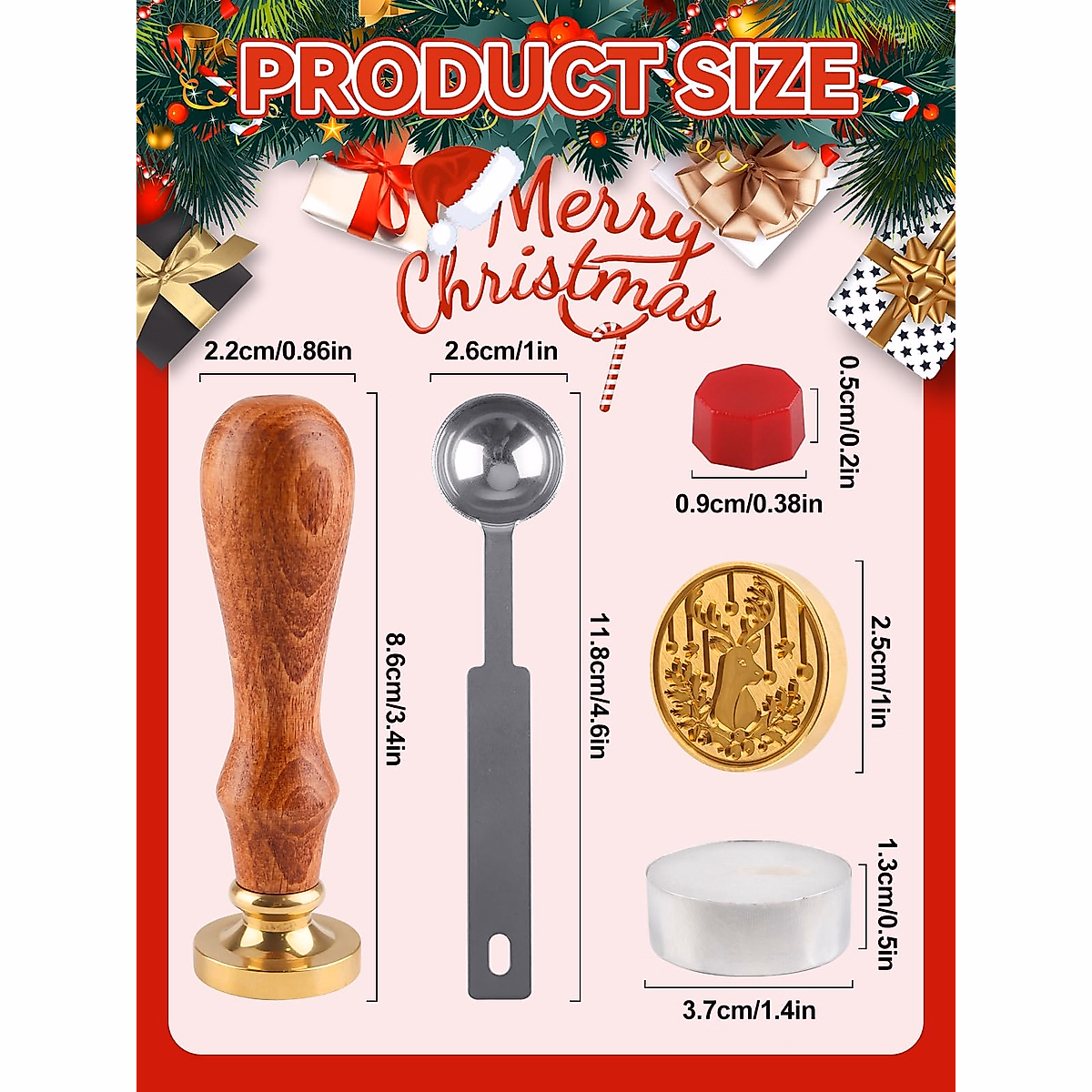 Christmas Wax Seal Stamp Kit Lanstics Wax Seal Stamp Brass Head, 200Pcs Sealing Wax Beads in 4 Colors, Wooden Hilt, Melting Spoon, Tea Candles for Cards Envelopes, Gift Packaging