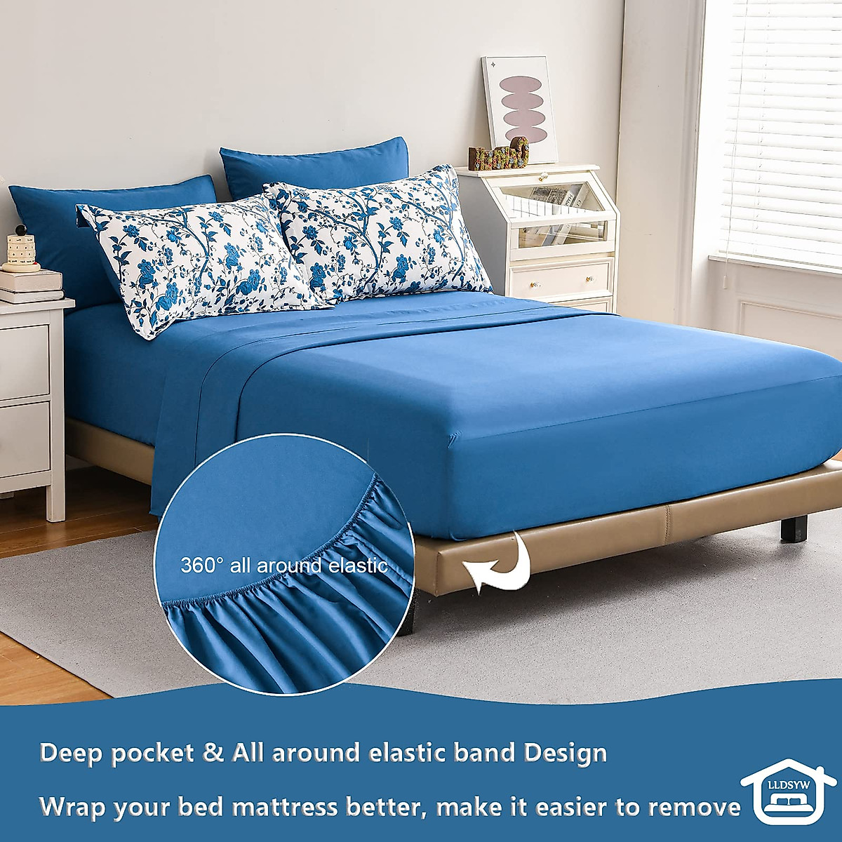 LLDSYW King Size Comforter Set - 7 Pieces Bed in a Bag Soft Microfiber Bedding Comforter Set Leaves Floral Pattern on White Comforter Sets with Sheets for All Seasons (King, Blue)