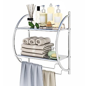 Giantex Bathroom Shelf with Towel Rack - 2 Tier Rustproof Over The Toilet Storage Shelf with Double Towel Bars, 18" W X 10" D X 22" H, Wall Mount Chrome Towel Holder for Living Room, Kitchen (Silver)