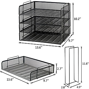 LUCYCAZ Desk Organizer with File Holder - File Organizer for Desk, 4 Tier Desktop Organizer Stackable Paper Letter Tray with Magazine Holder, Mesh Desk Paper Storage for Office, School, Home, Black