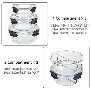 Moretoes 10pc Glass Food Storage Containers with Lid, Gray Round Single & 2 Compartment Meal Prep Containers, Airtight Glass Lunch Boxes for Leak Proof, Microwave, Oven, Freezer, Dishwasher