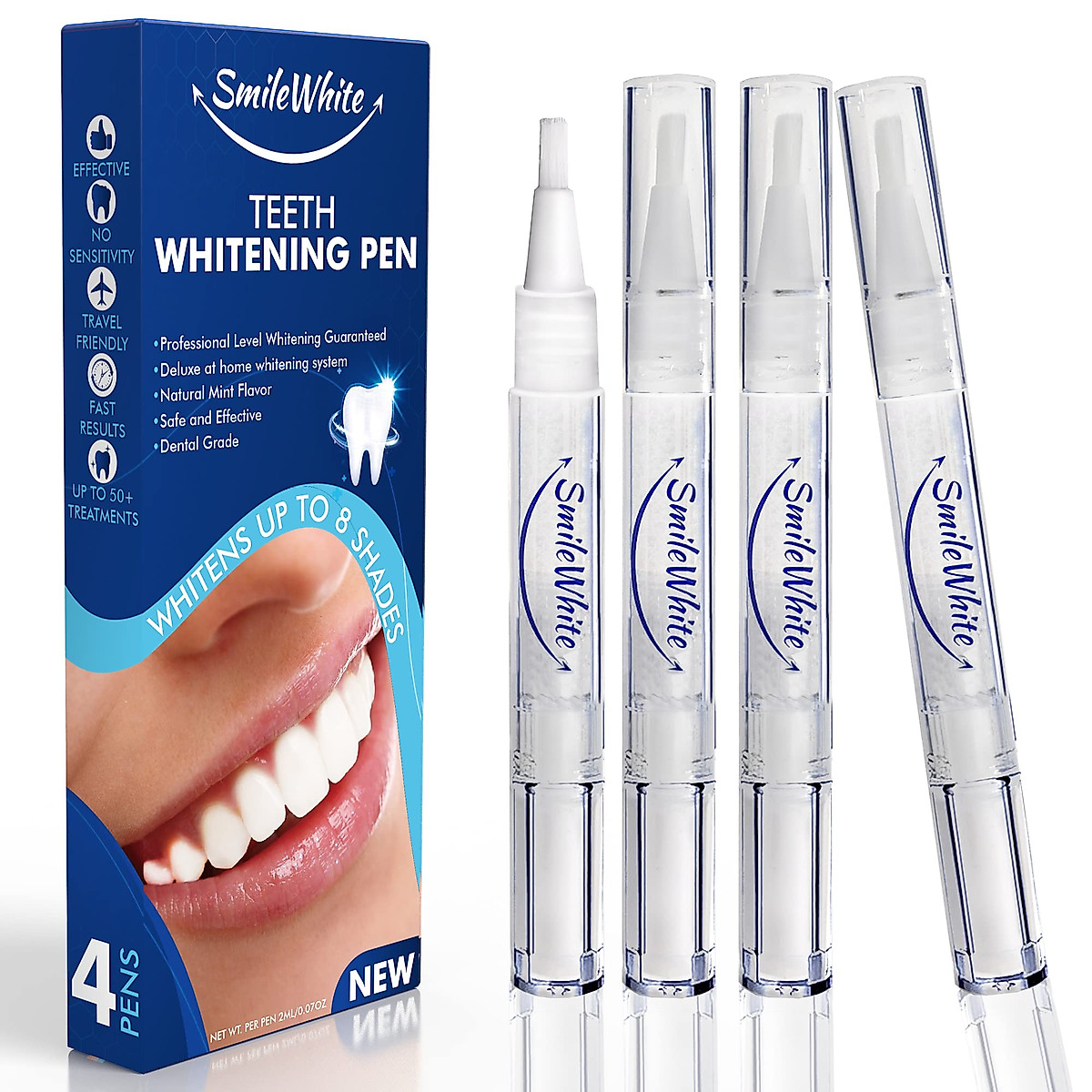 SmileWhite Teeth Whitening Pen (4 Pens), Teeth Whitening Gel Pen, Teeth Whitening Kit, Effective, Painless, Non Sensitive, Travel Friendly, Natural White Smile, Natural Mint Flavor