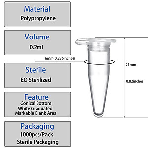 BKMAMLAB 0.2ml Microcentrifuge Tubes 1000 Pieces, EO Sterilized Plastic Small Vials with Caps for Sample Storage without Leakage(1000)