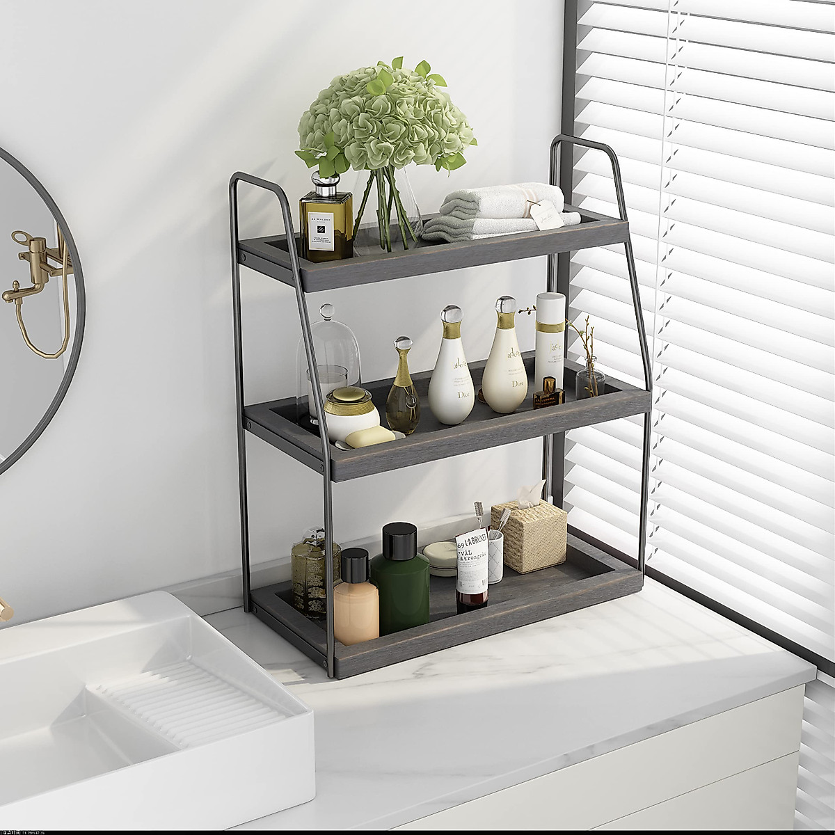 3-Tier Wood Storage Organizer for Restroom ＆ Kitchen ＆ Coffee Bar, Bathroom Sink Organizer Countertop, Bathroom Vanity Counter Top Organizers, Spice, Skincare, Perfume Rack, Detachable - Black