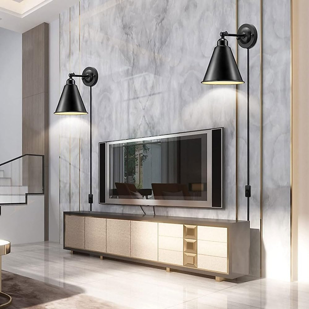 MODEBHD Swing Arm Wall Lamp Plug-in Cord Industrial Wall Sconce, Iron Black Finish,with On/Off Switch, E26/E27 Base,2pack Bedroom Wall Lights Fixtures,Bedside Reading Lamp