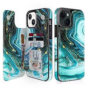 uCOLOR Compatible with iPhone 14/15 Plus 6.7" Wallet Case with Card Holder Slots Folio Flip PU Leather Kickstand Magnetic Clasp and RFID Blocking Cover (Blue Marble)