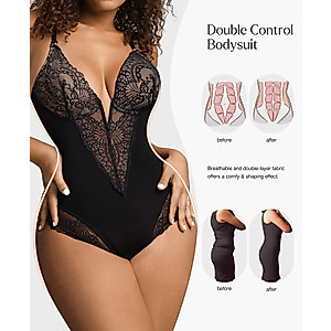 Popilush Shapewear Tummy Control Lace Bodysuits for Women Low Back Sleeveless V Neck Body Shaper Black XL