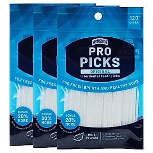 Armonds ProPicks Original Dental Picks for Teeth Cleaning - Disposable Plastic Toothpicks for Teeth & Gums - Cleans Teeth & Massages Gums - Fresh Mint Flavor - 3 Packages x 120 Interdental Tooth Picks