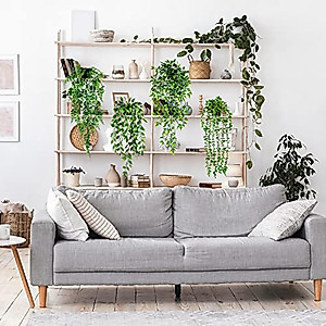 JPSOR 4pcs Artificial Hanging Plants, Fake Hanging Plants Potted Greenery Faux Persian Fern Fake Plants in Pot for Wall Room Patio Office Table Shelf Decor