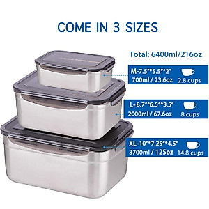 Sumerflos Large Stainless Steel Food Container - Set of 3 Sizes (Total Capacity: 6400ml/220oz) - Reusable Storage Container Set with Leakproof Lids - for Kimchi, Fruit, Salad, Outdoor Picnic